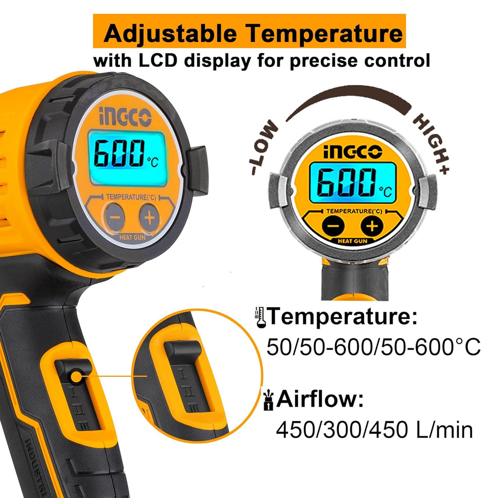 INGCO HG200058 Heat Gun 2000W with Digital Display Temperature Control ...